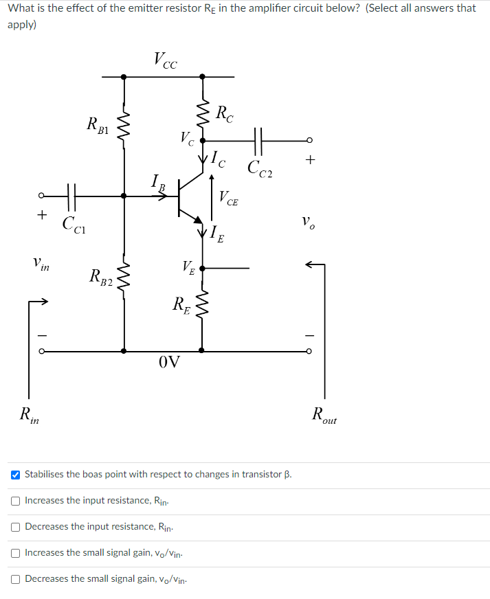 Solved What is the effect of the emitter resistor RE in the | Chegg.com