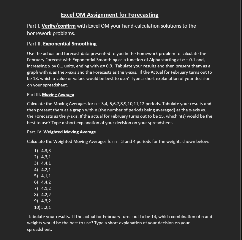 Excel OM Assignment for Forecasting Part I. | Chegg.com