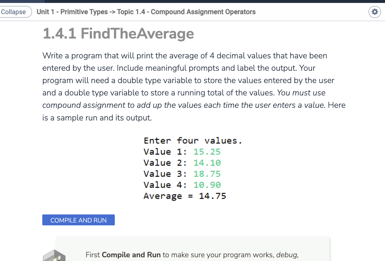 Solved 1.4.1 FindTheAverage Write a program that will print | Chegg.com