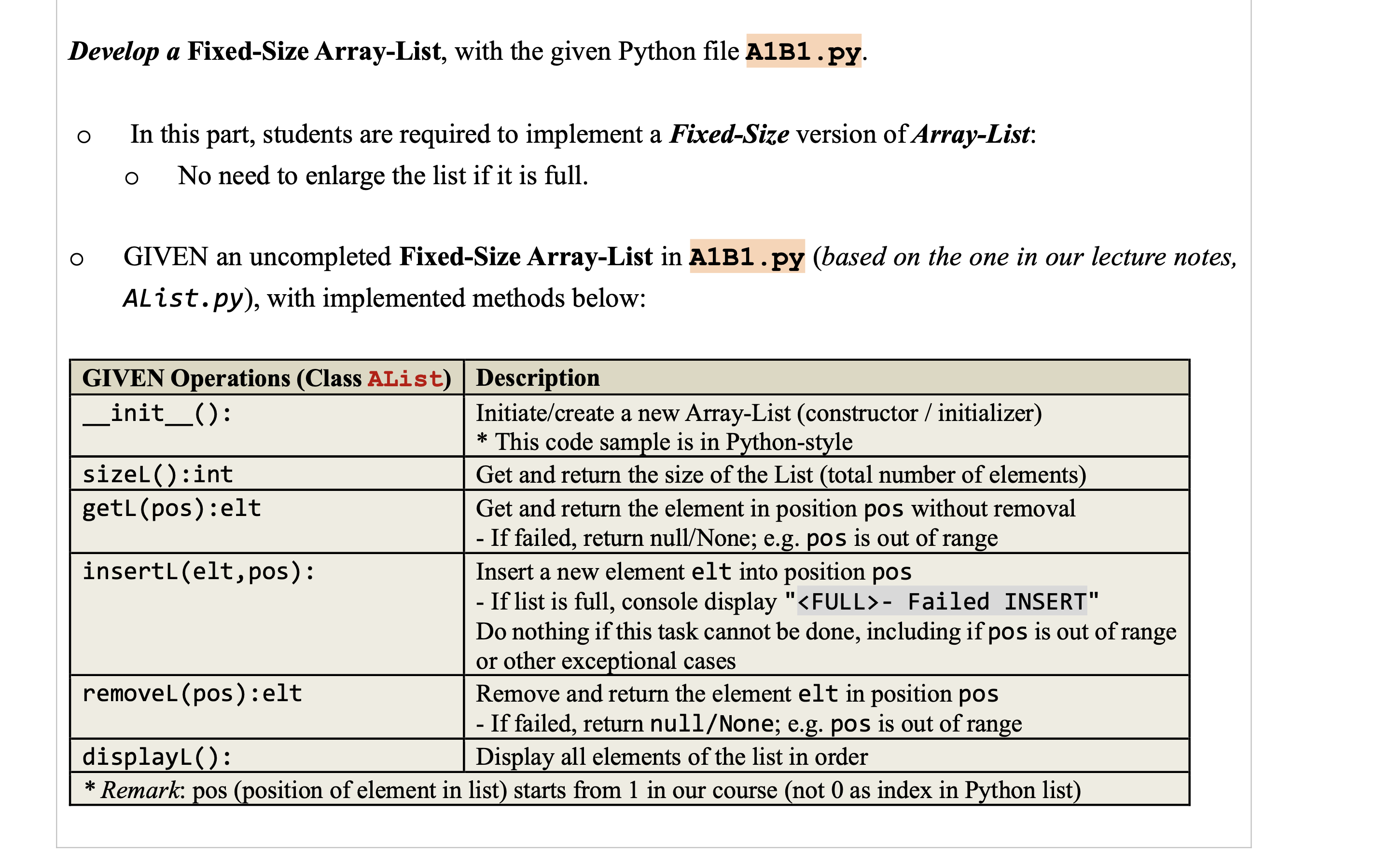 Solved Develop a Fixed-Size Array-List, with the given | Chegg.com