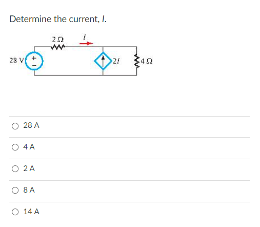 Solved Determine the current, I. 2Ω 28 V 21 402 28 A 0 4A 2A | Chegg.com