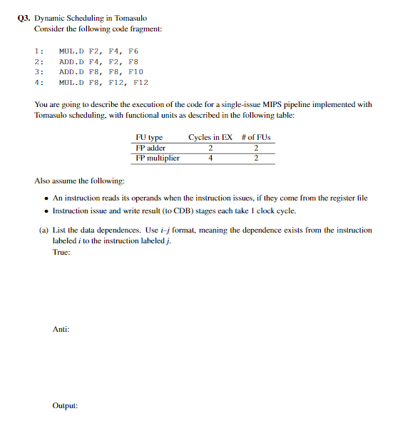 Q3. Dynamic Scheduling in Tomasulo Consider the | Chegg.com