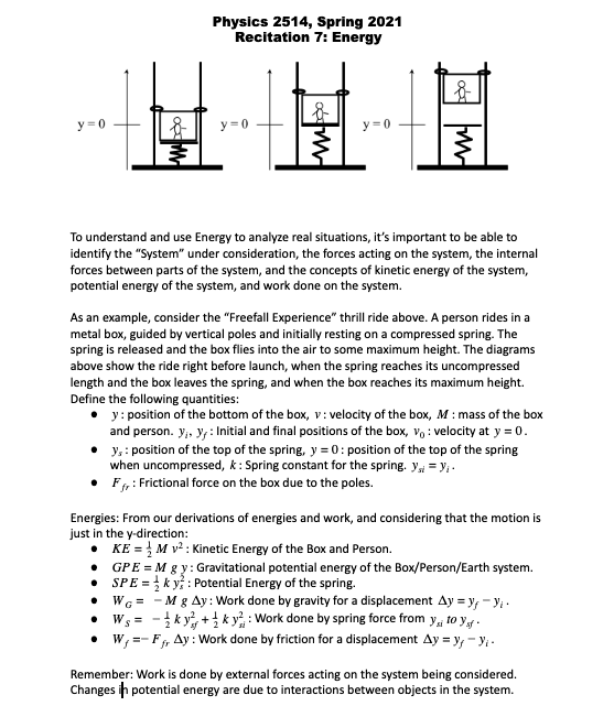 Solved Physics 2514, Spring 2021 Recitation 7: Energy y=0 & | Chegg.com