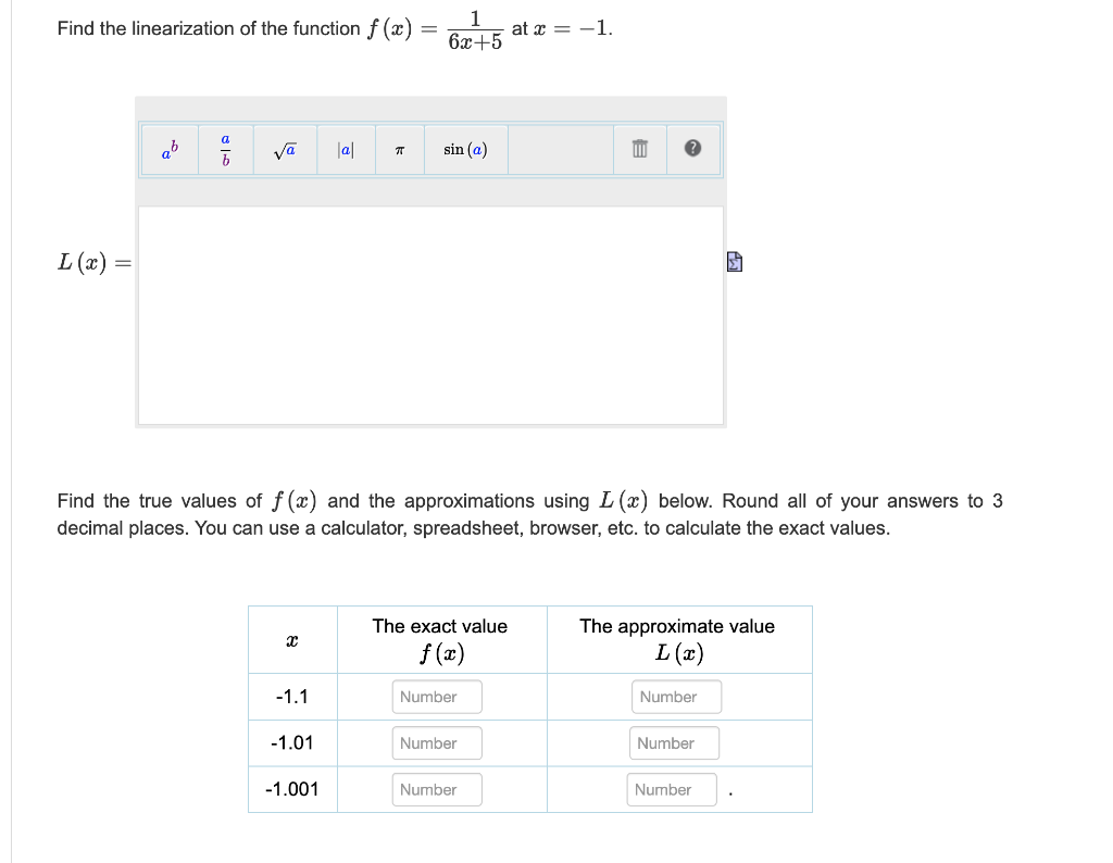 Solved Find the linearization of the function f(x)=6x+51 at | Chegg.com