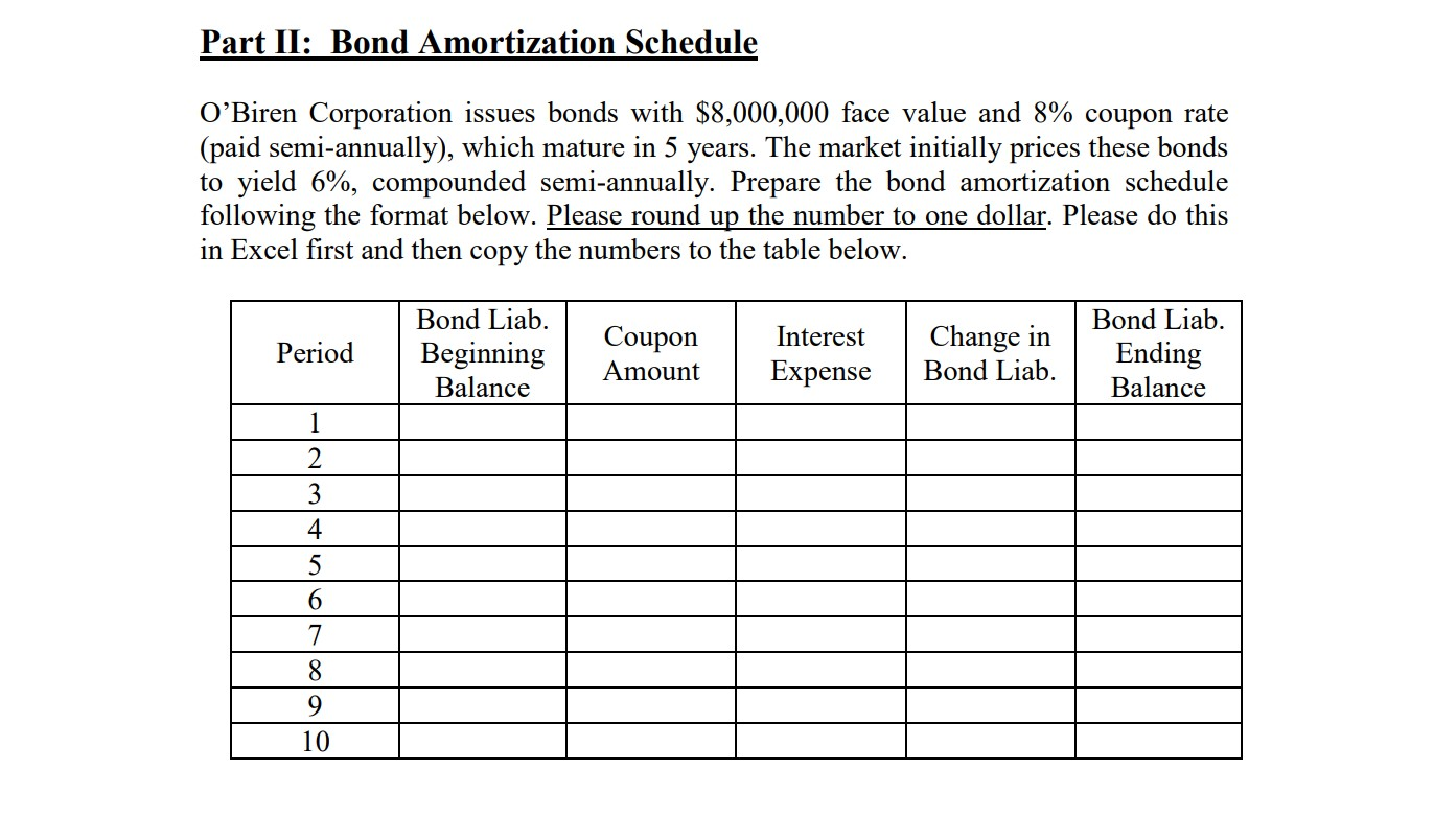 Solved Part II: Bond Amortization Schedule O’Biren | Chegg.com