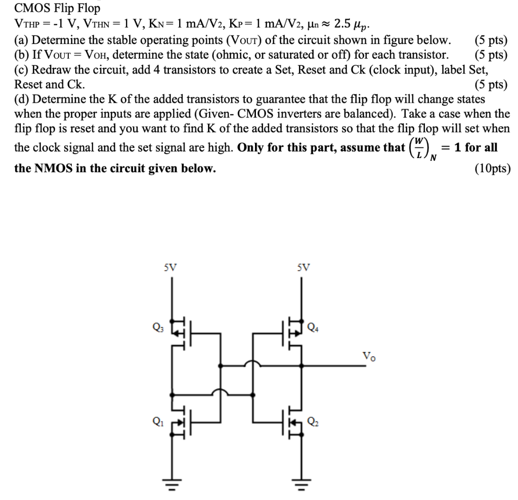 Solved CMOS Flip Flop VTHP =-1 V, VTHN = 1 V, Kn= 1 mA/V2, | Chegg.com