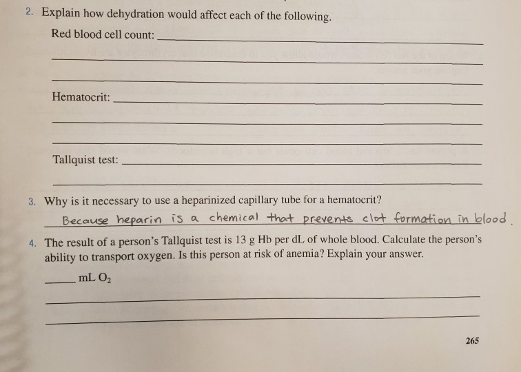Solved 2. Explain how dehydration would affect each of the | Chegg.com