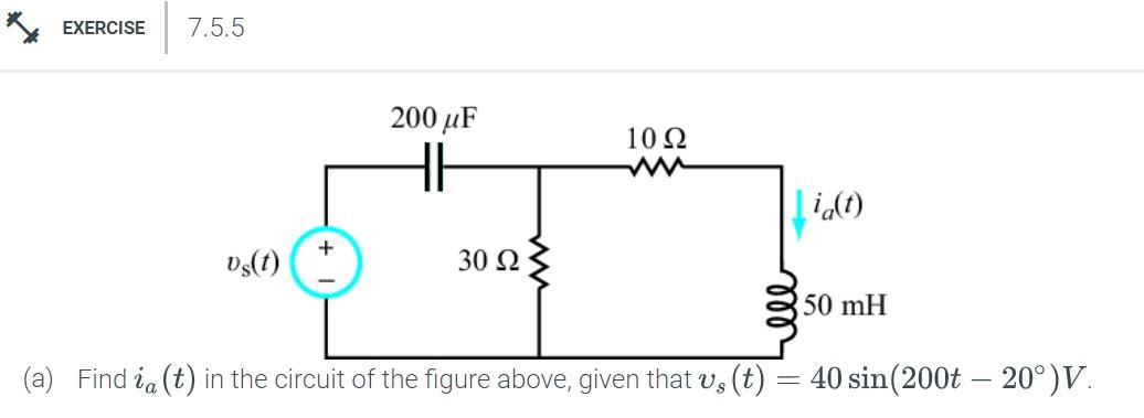 Solved vs(t)=40sin(200t−20∘)V | Chegg.com