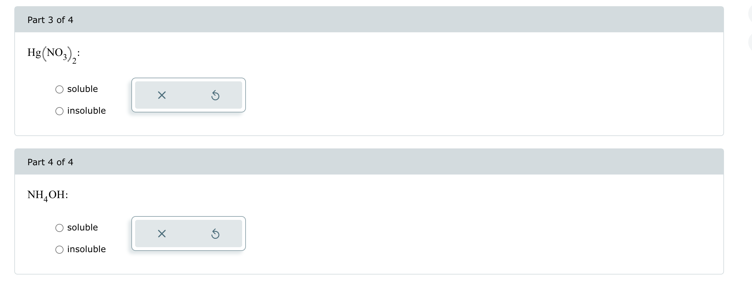 Solved Hg(NO3)2: soluble insoluble Part 4 of 4 NH4OH : | Chegg.com