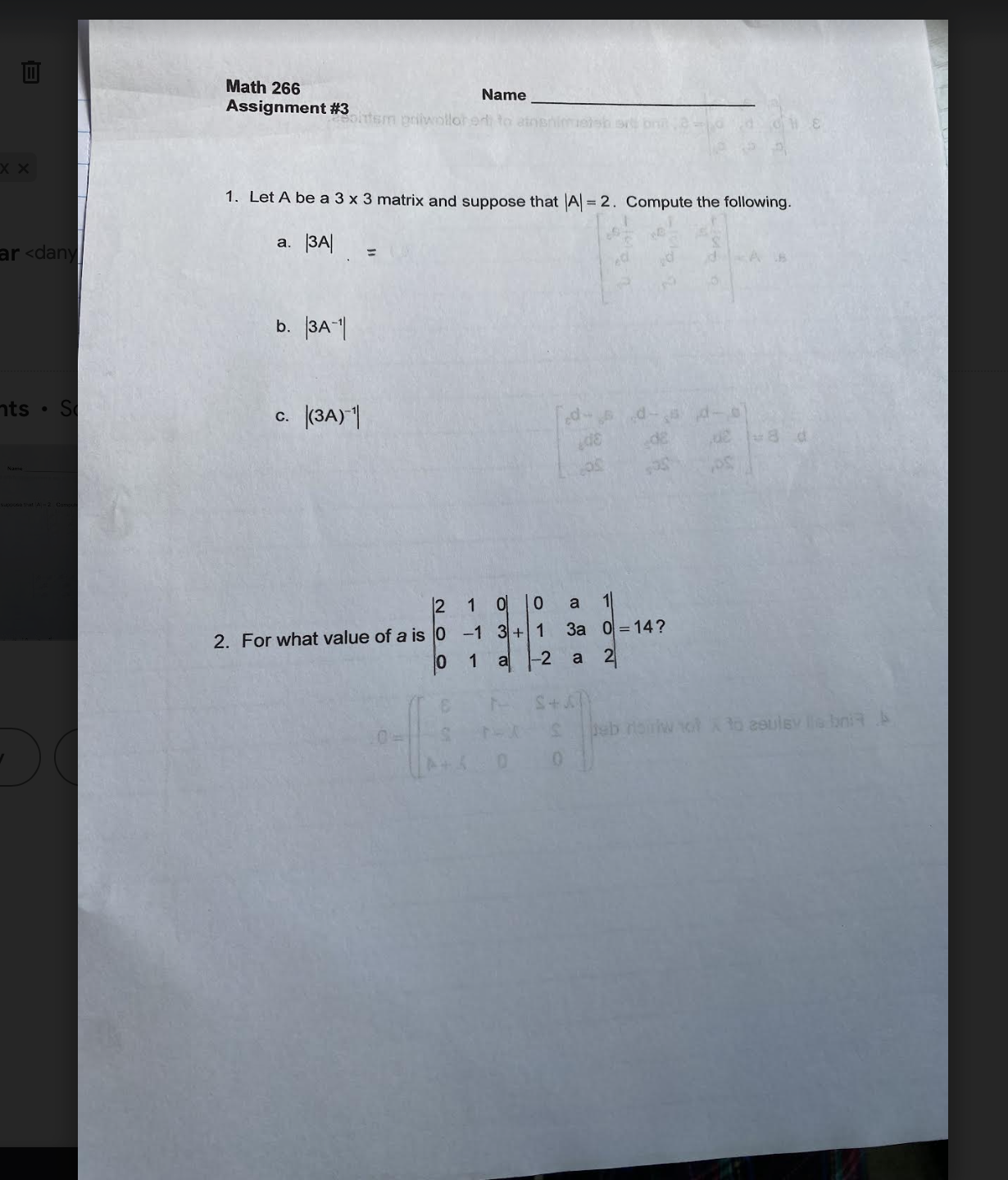 Solved Math 266 Name Assignment \#3 1. Let A be a 3×3 matrix | Chegg.com