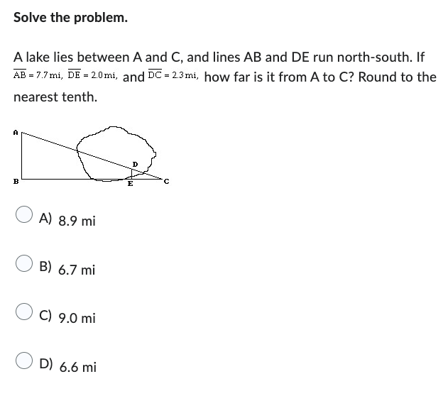 Solved A lake lies between A and C, and lines AB and DE run | Chegg.com