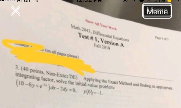 Solved Meme Math 2043 Differential Equations Test # 1, | Chegg.com
