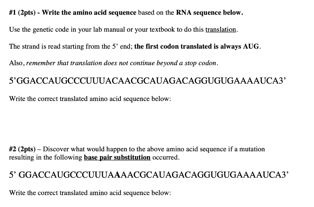 Solved #1 (2pts) - Write the amino acid sequence based on | Chegg.com