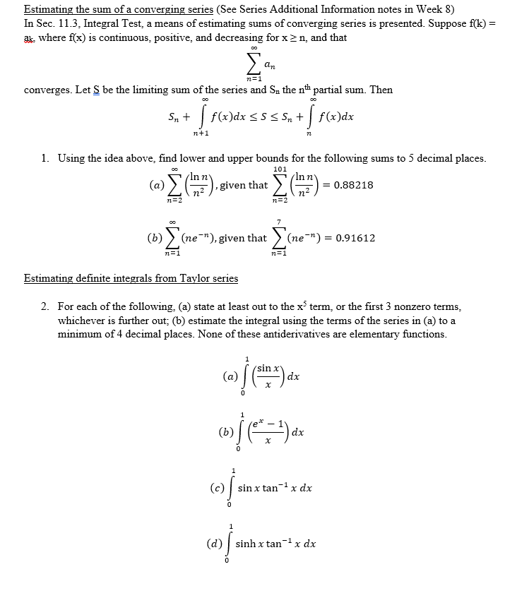 Estimating the sum of a converging series (See Series | Chegg.com