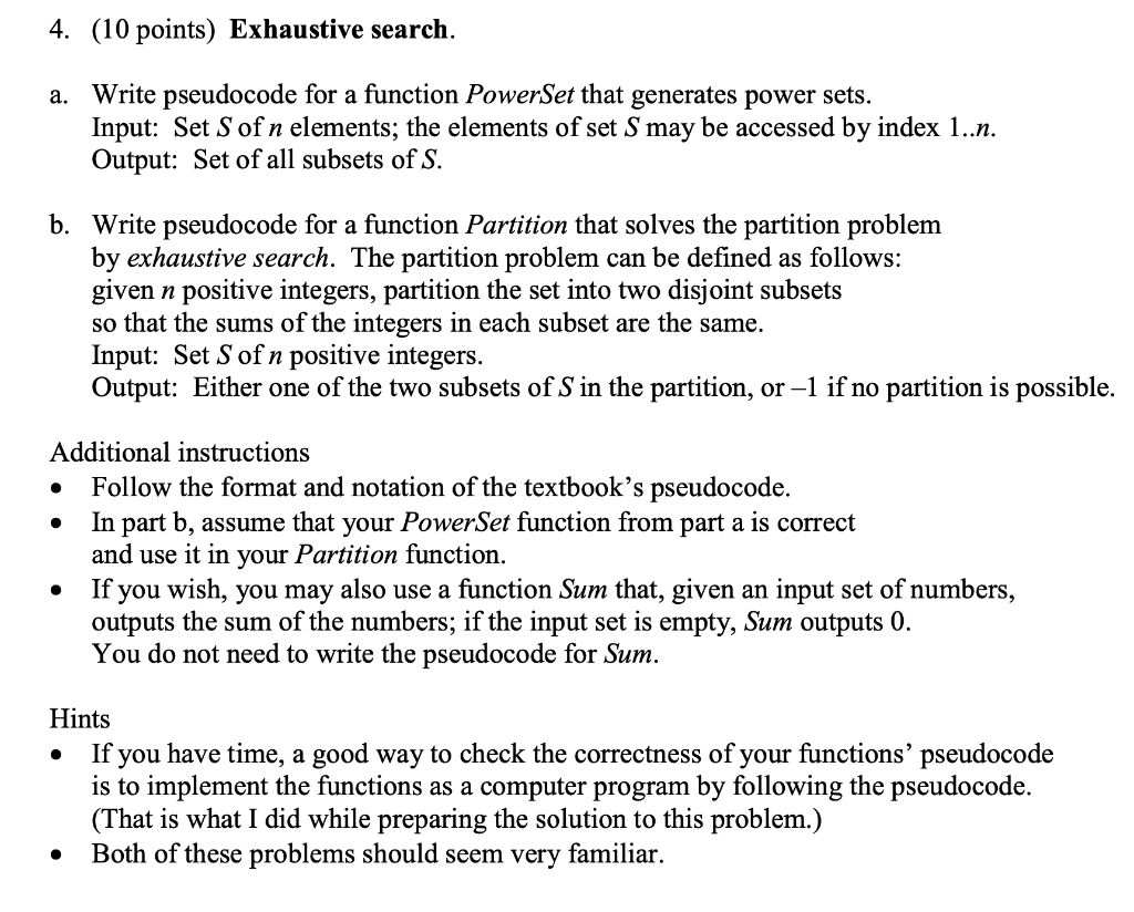 4. (10 points) Exhaustive search. a. Write pseudocode | Chegg.com