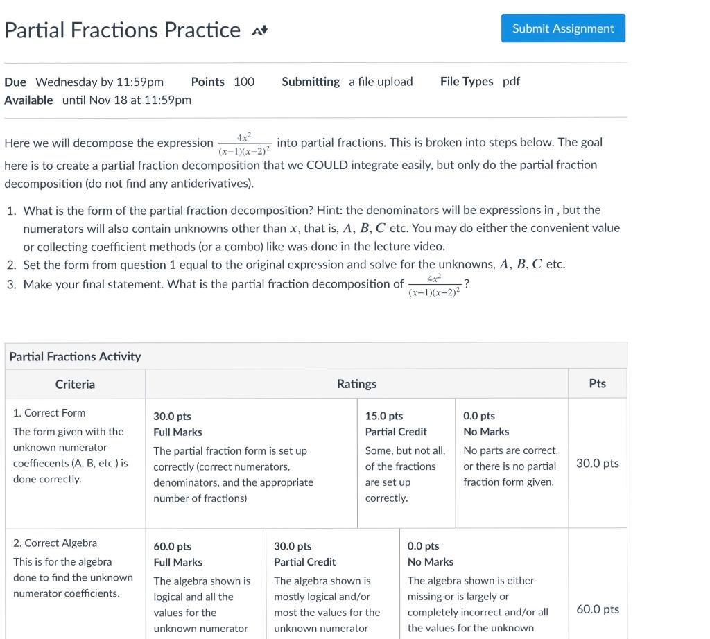 Solved Partial Fractions Practice at Submit Assignment | Chegg.com