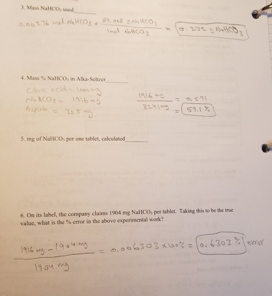 Solved 3. Mass NaHCO, used 4, Mass % NaHCO3 in Alka-Seltzer | Chegg.com