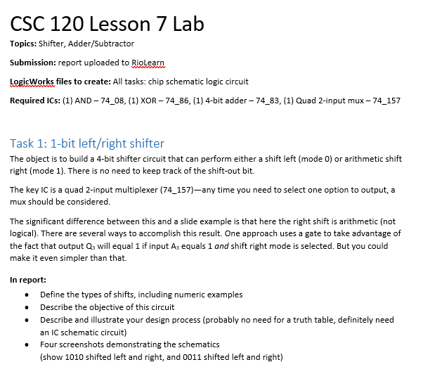 Solved Topics: Shifter, Adder/Subtractor Submission: report | Chegg.com