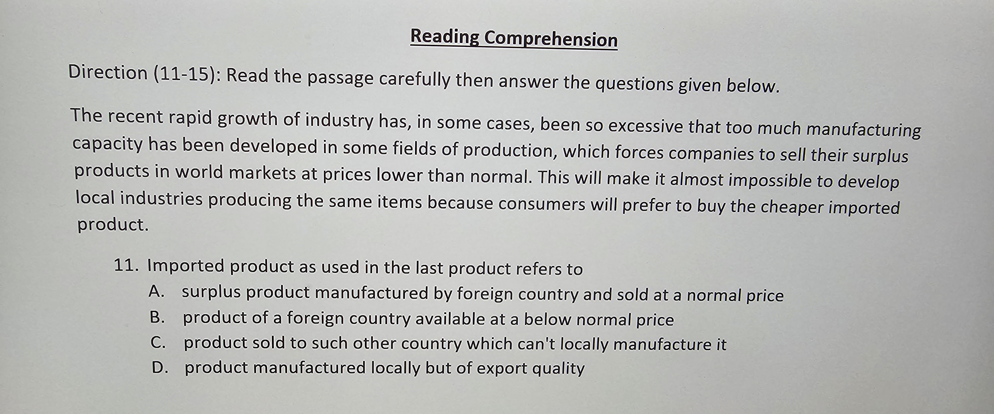 Reading Comprehension Direction (11-15): Read the | Chegg.com
