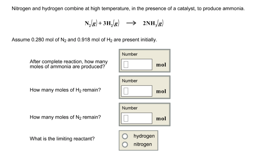 Solved Nitrogen and hydrogen combine at high temperature, in | Chegg.com