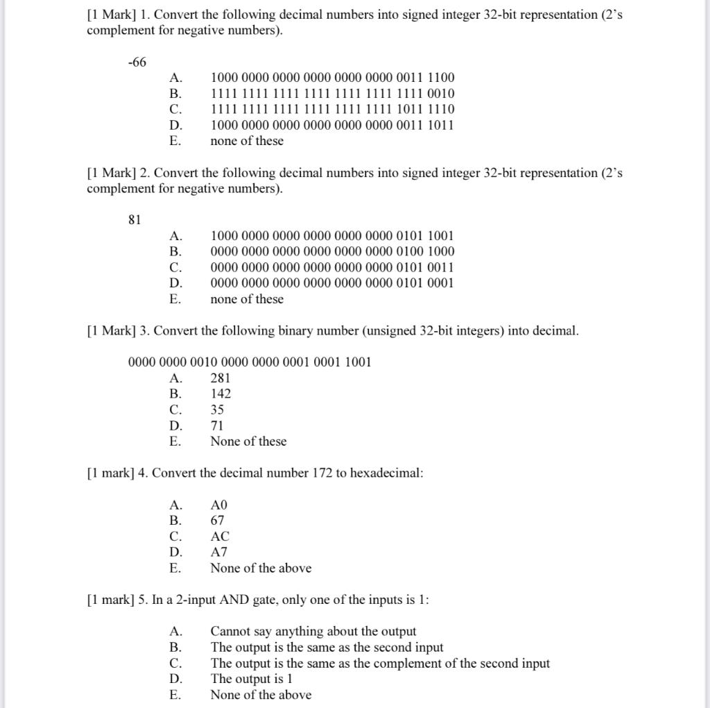 Solved [1 Mark] 1. Convert the following decimal numbers | Chegg.com