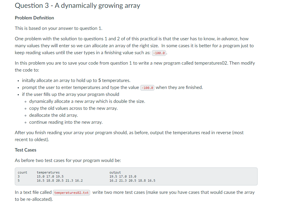 Solved Question 3 - A dynamically growing array Problem | Chegg.com