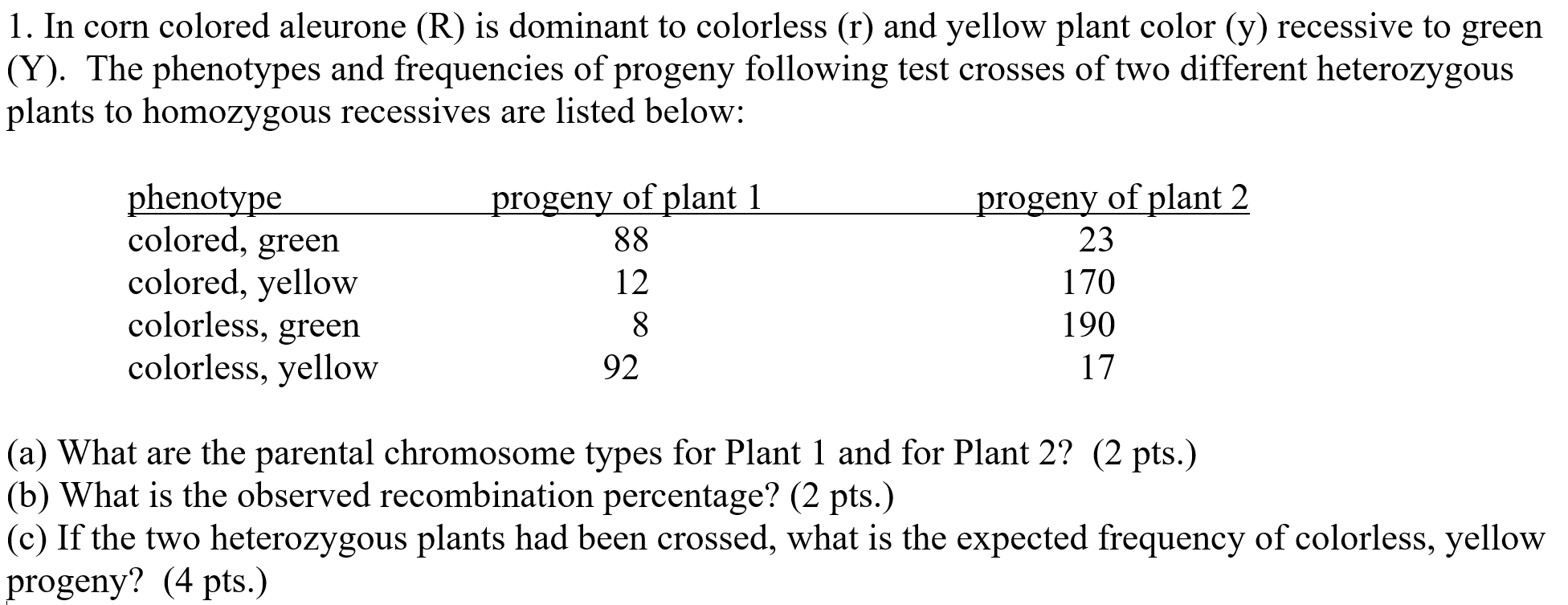 Solved 1. In corn colored aleurone (R) is dominant to | Chegg.com