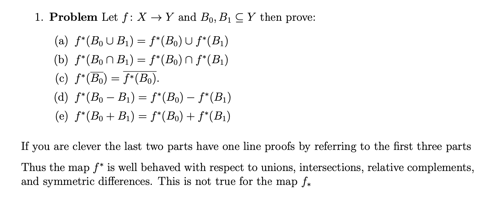 Solved 1. Problem Let f:X→Y and B0,B1⊆Y then prove: (a) | Chegg.com