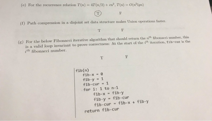 Solved (e) For the recurrence relation T(n) - 4T(n/2) + cn2, | Chegg.com