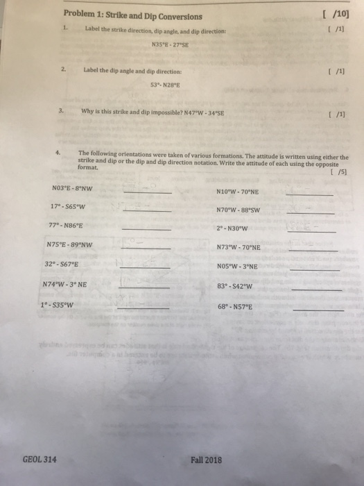 Solved Problem 1: Strike and Dip Conversions 1. Label the | Chegg.com
