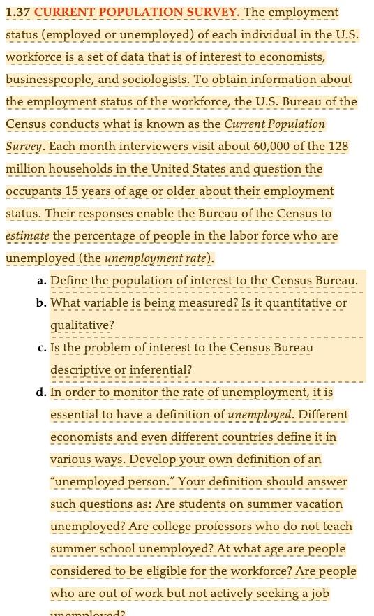 1.37 CURRENT POPULATION SURVEY. The employment status | Chegg.com