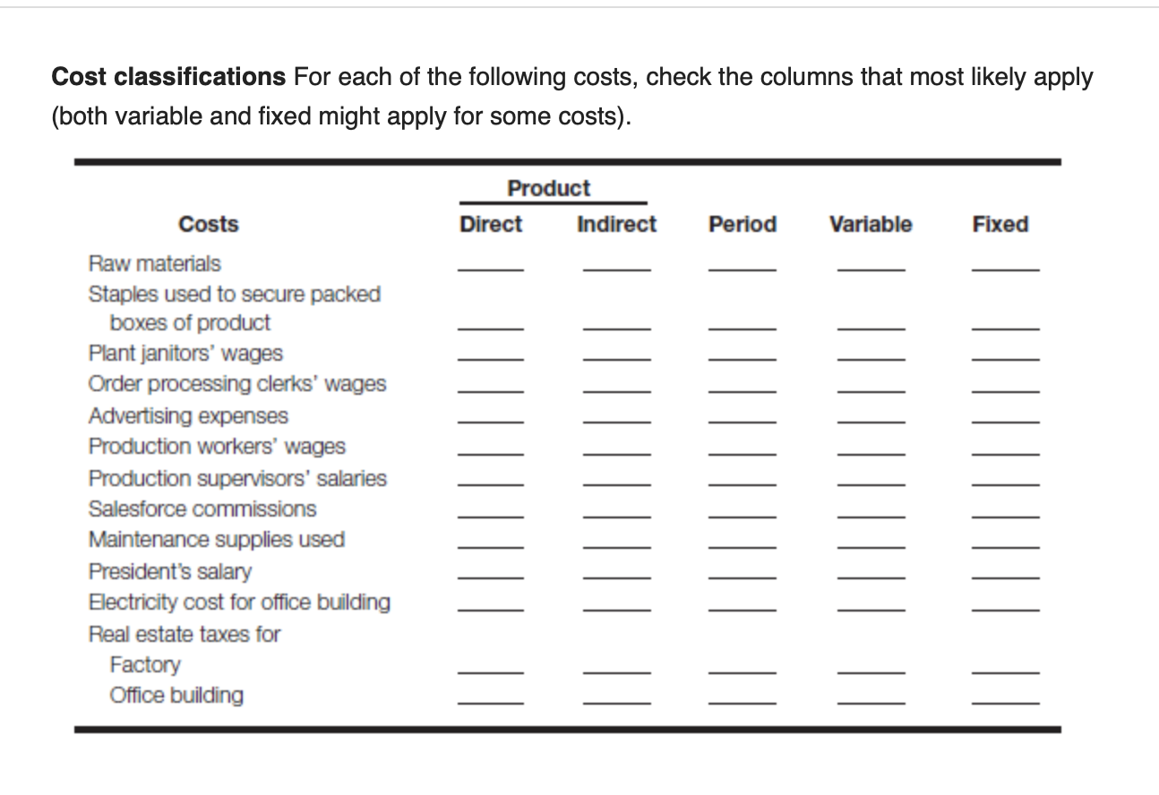 Solved Cost classifications For each of the following costs, | Chegg.com