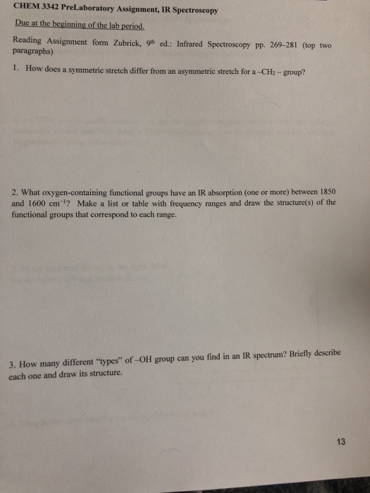 Solved CHEM 3342 PreLaboratory Assignment, IR Spectroscopy | Chegg.com