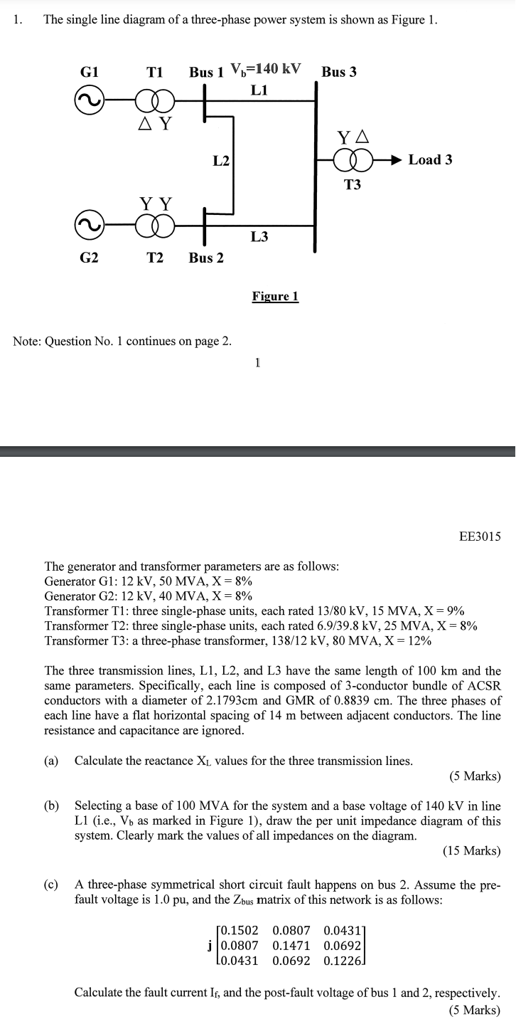 Solved 1. The single line diagram of a three-phase power | Chegg.com
