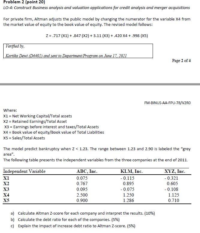 Solved Problem 2 (point 20) LO-4: Construct Business | Chegg.com