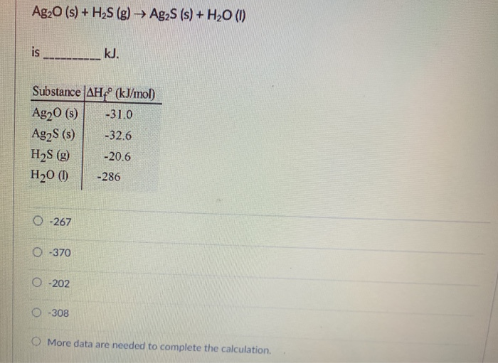 Solved A820 (s) + H2S (g) → Ag2S (s) + H2O (1) is kJ. | Chegg.com