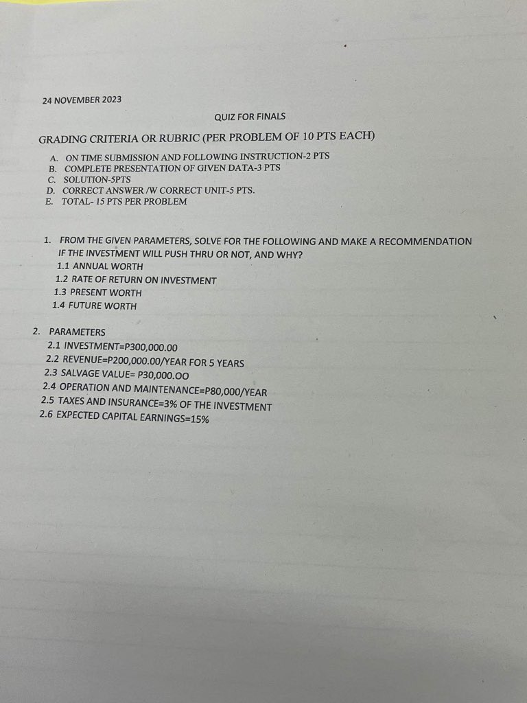 QUIZ FOR FINALS GRADING CRITERIA OR RUBRIC (PER | Chegg.com