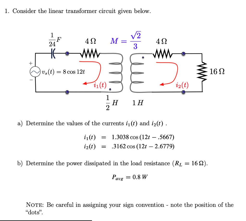 Solved 1. Consider the linear transformer circuit given | Chegg.com