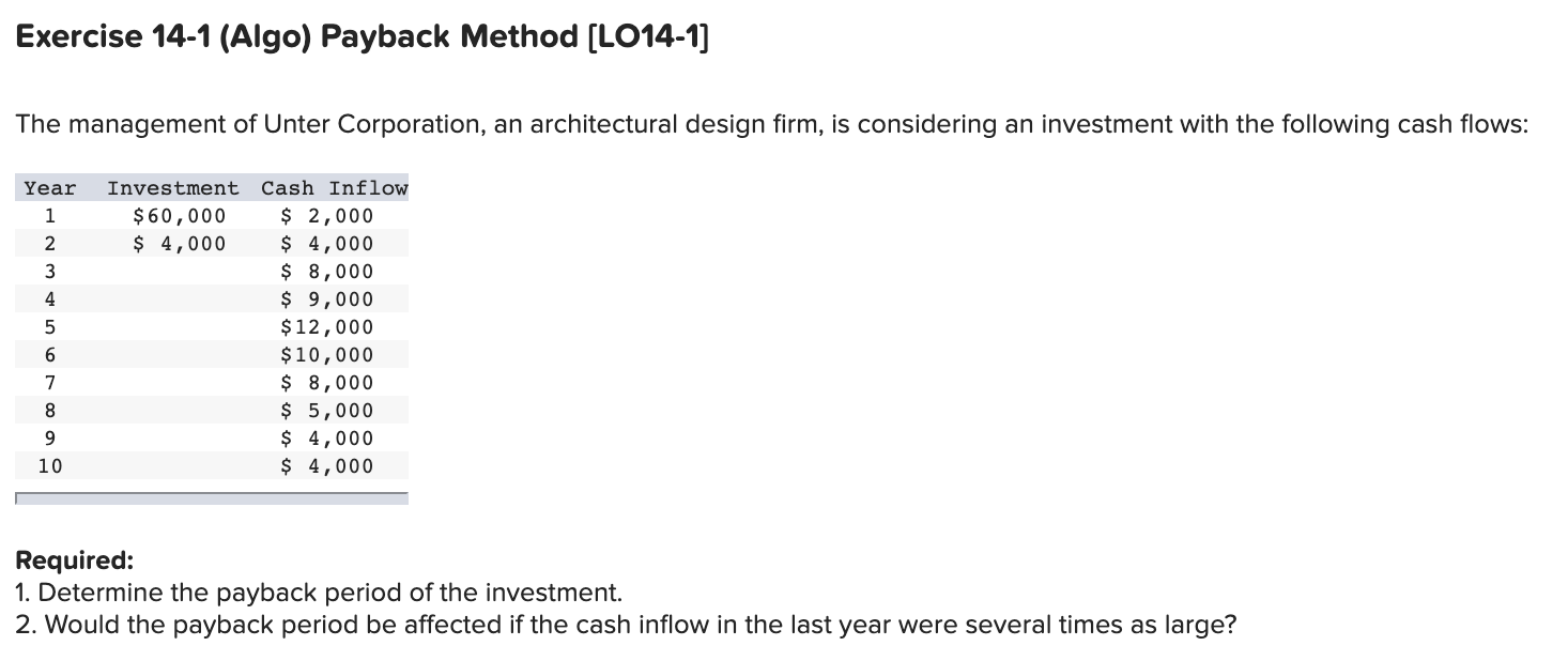 Solved Exercise 14-1 (Algo) Payback Method (L014-1) The | Chegg.com