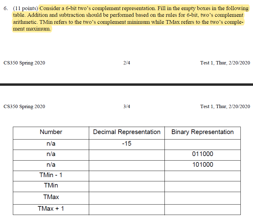 Solved 6. (11 points) Consider a 6-bit two's complement | Chegg.com