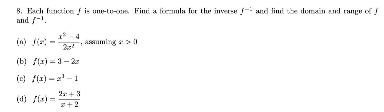 8. Each function f is one-to-one. Find a formula for | Chegg.com