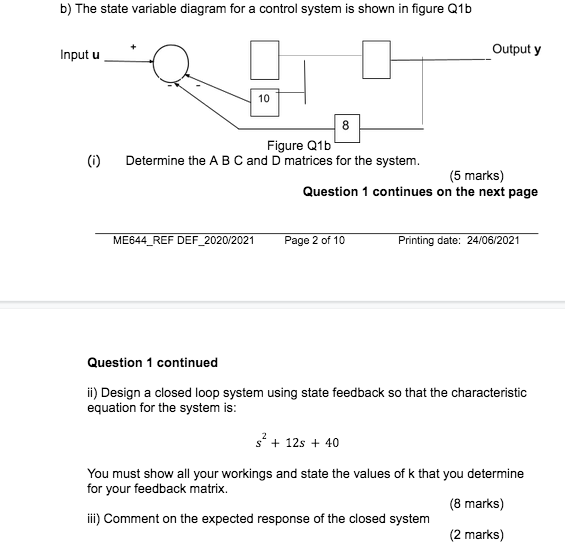 b) The state variable diagram for a control system is | Chegg.com