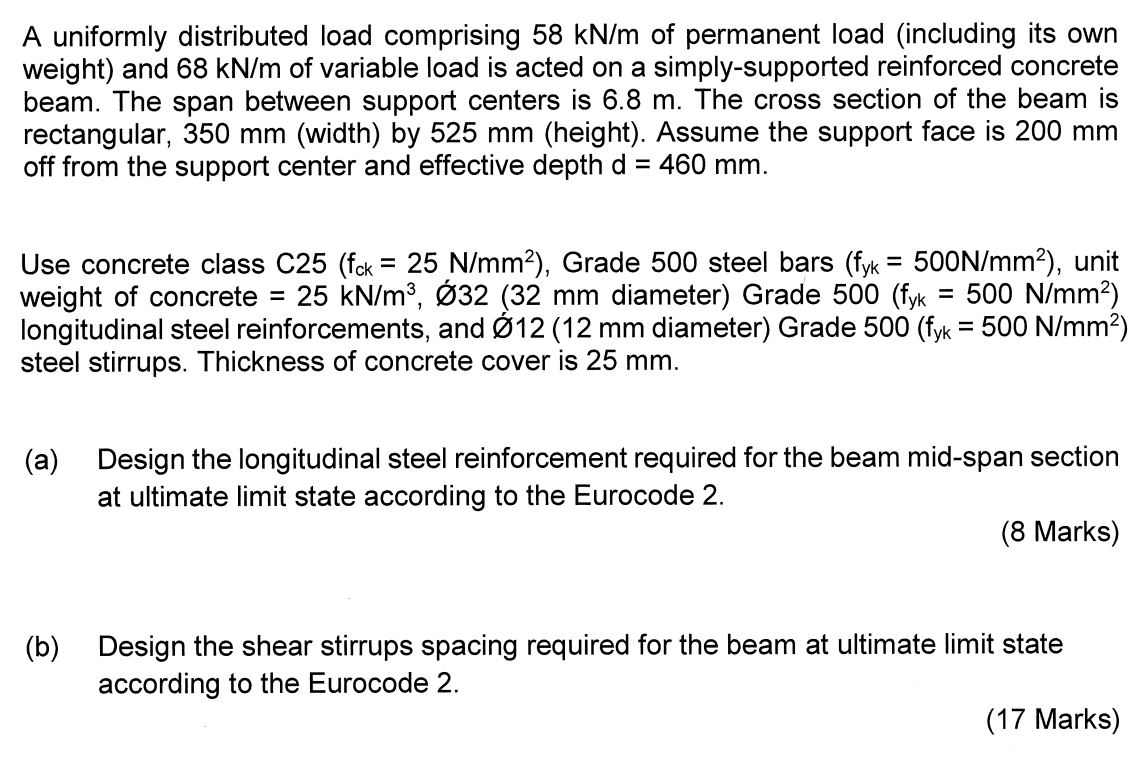 Solved A uniformly distributed load comprising 58kN/m of | Chegg.com
