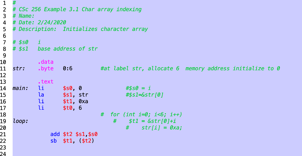 Solved 1 # 2 # CSc 256 Example 3.1 Char array indexing # | Chegg.com