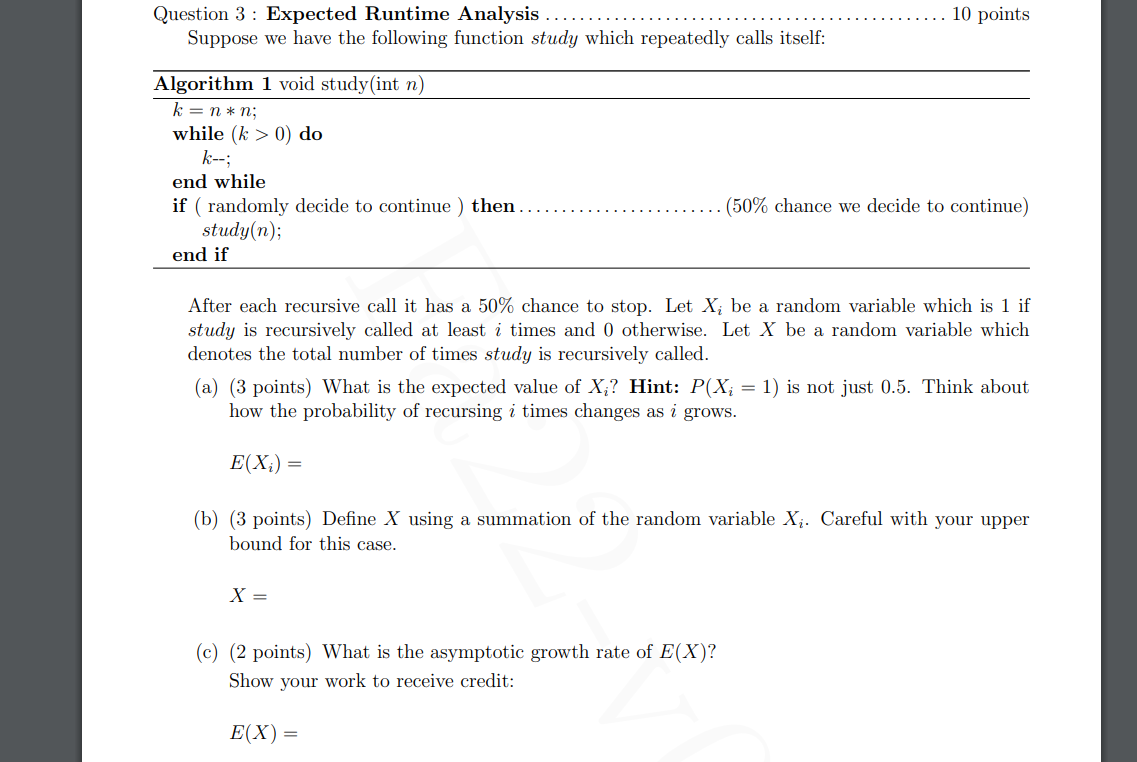 Solved Question 3 : Expected Runtime Analysis | Chegg.com