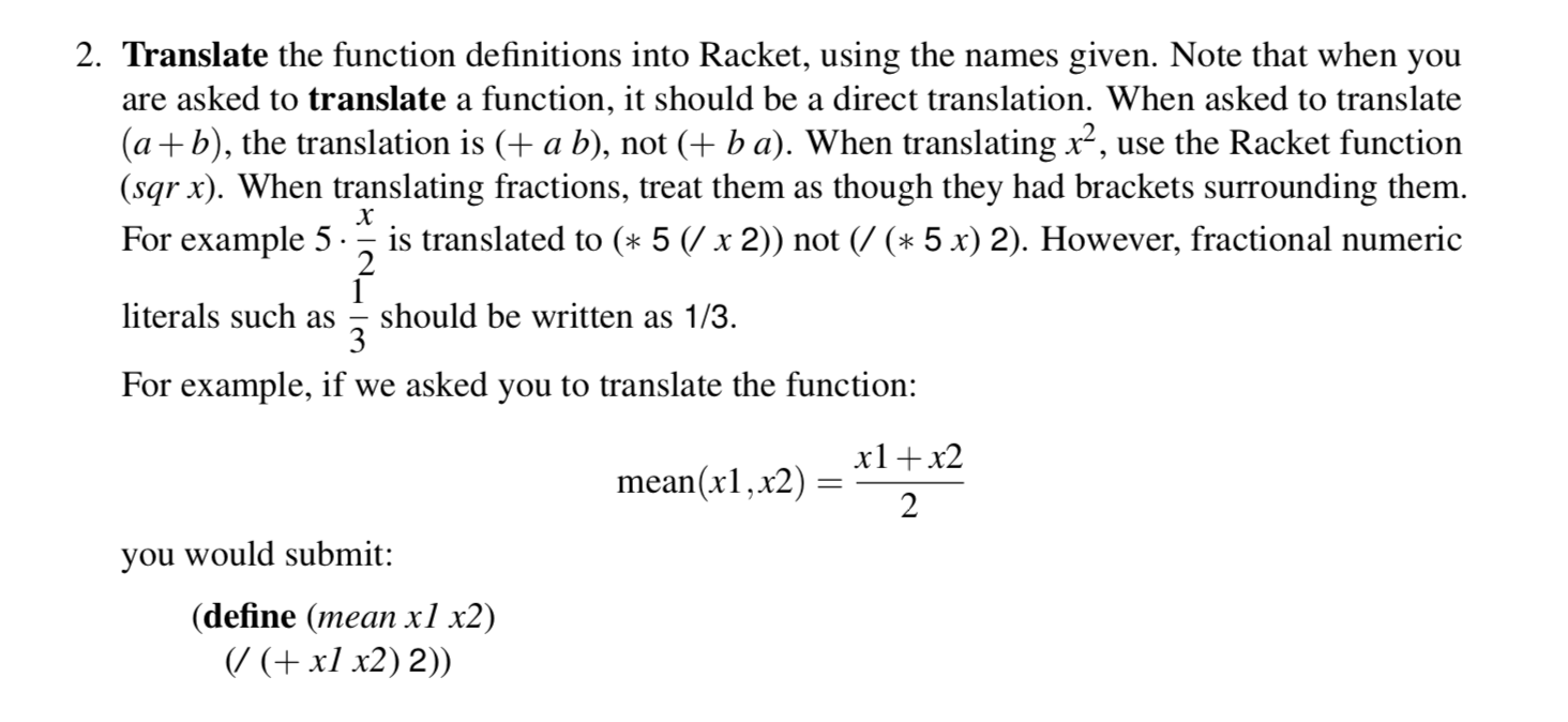 2. Translate the function definitions into Racket, | Chegg.com