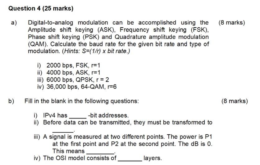 Solved Question 4 (25 marks) a) (8 marks) Digital-to-analog | Chegg.com