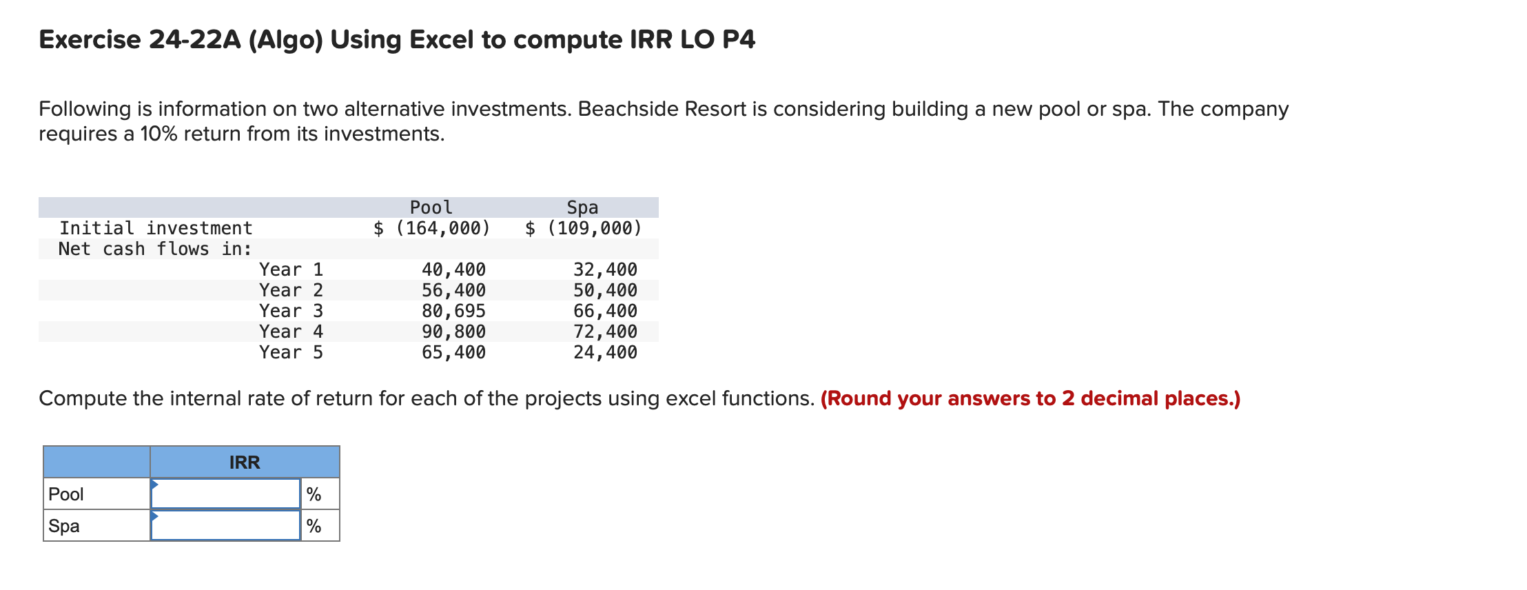 Solved Exercise 24-22A (Algo) Using Excel to compute IRR LO | Chegg.com