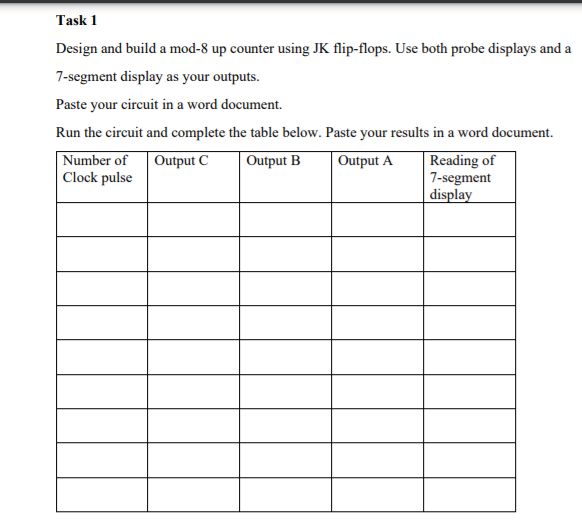 Solved Task 1 Design and build a mod-8 up counter using JK | Chegg.com