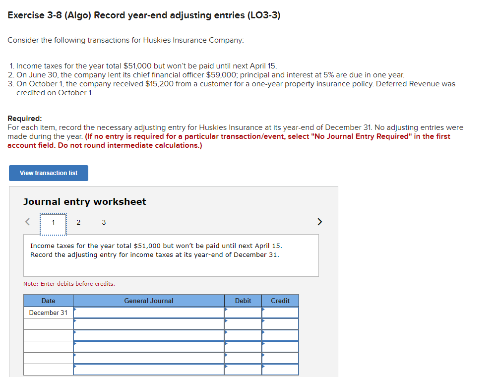 Solved Exercise 3-8 (Algo) Record year-end adjusting entries | Chegg.com